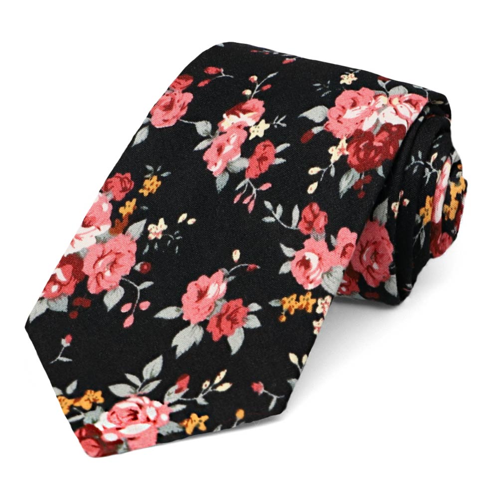Black and Coral Floral Cotton Narrow Necktie | Shop at TieMart ...